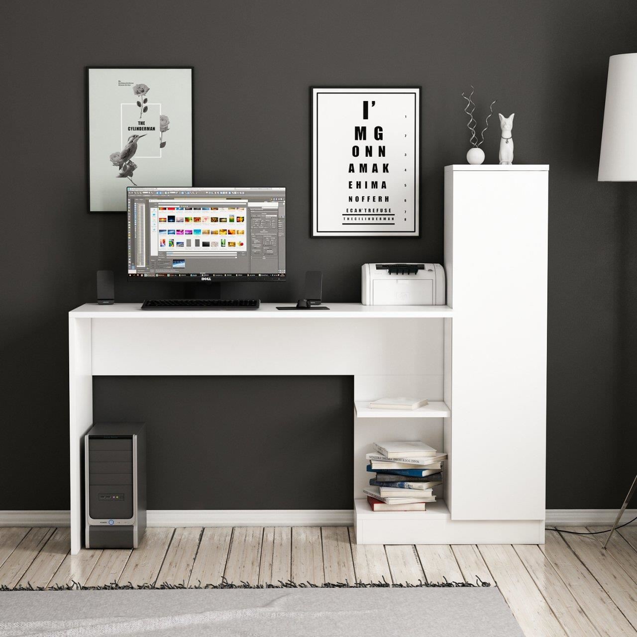 Birou cu biblioteca, pal melaminat, 6 rafturi, alb, 148x45x120 cm ...