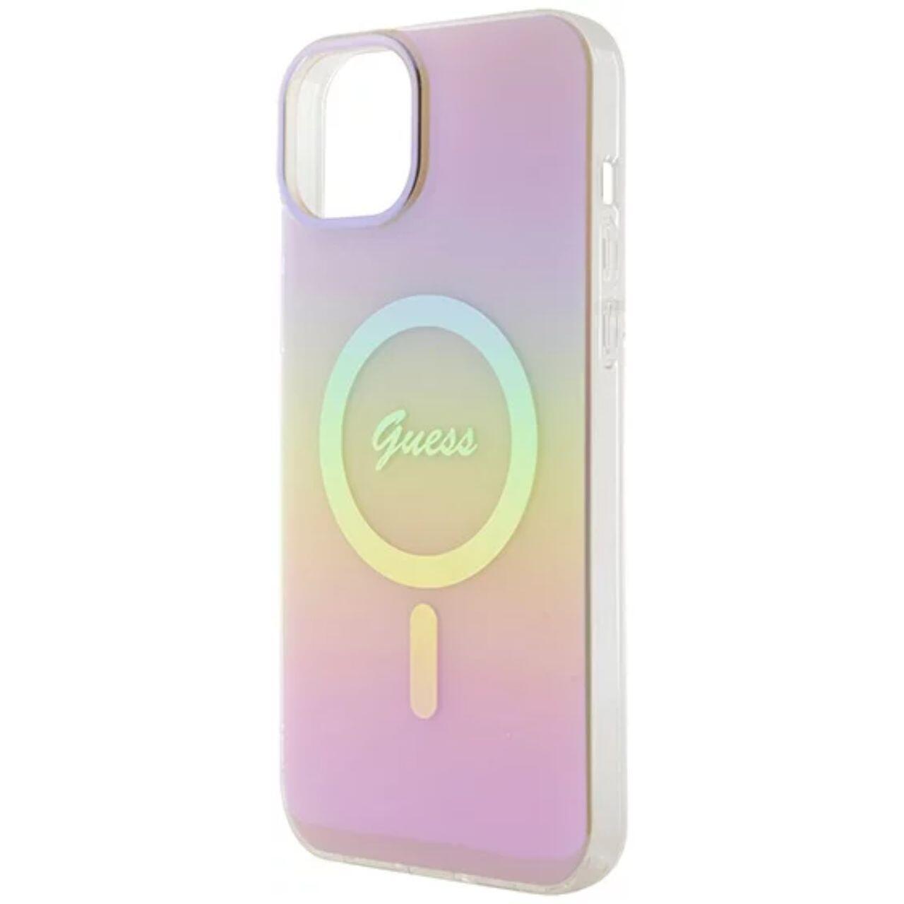 Husa Guess Iridescent Script MagSafe compatibila cu iPhone 15 Roz ...