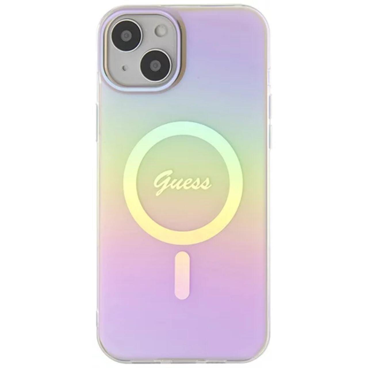 Husa Guess Iridescent Script MagSafe compatibila cu iPhone 15 Roz ...